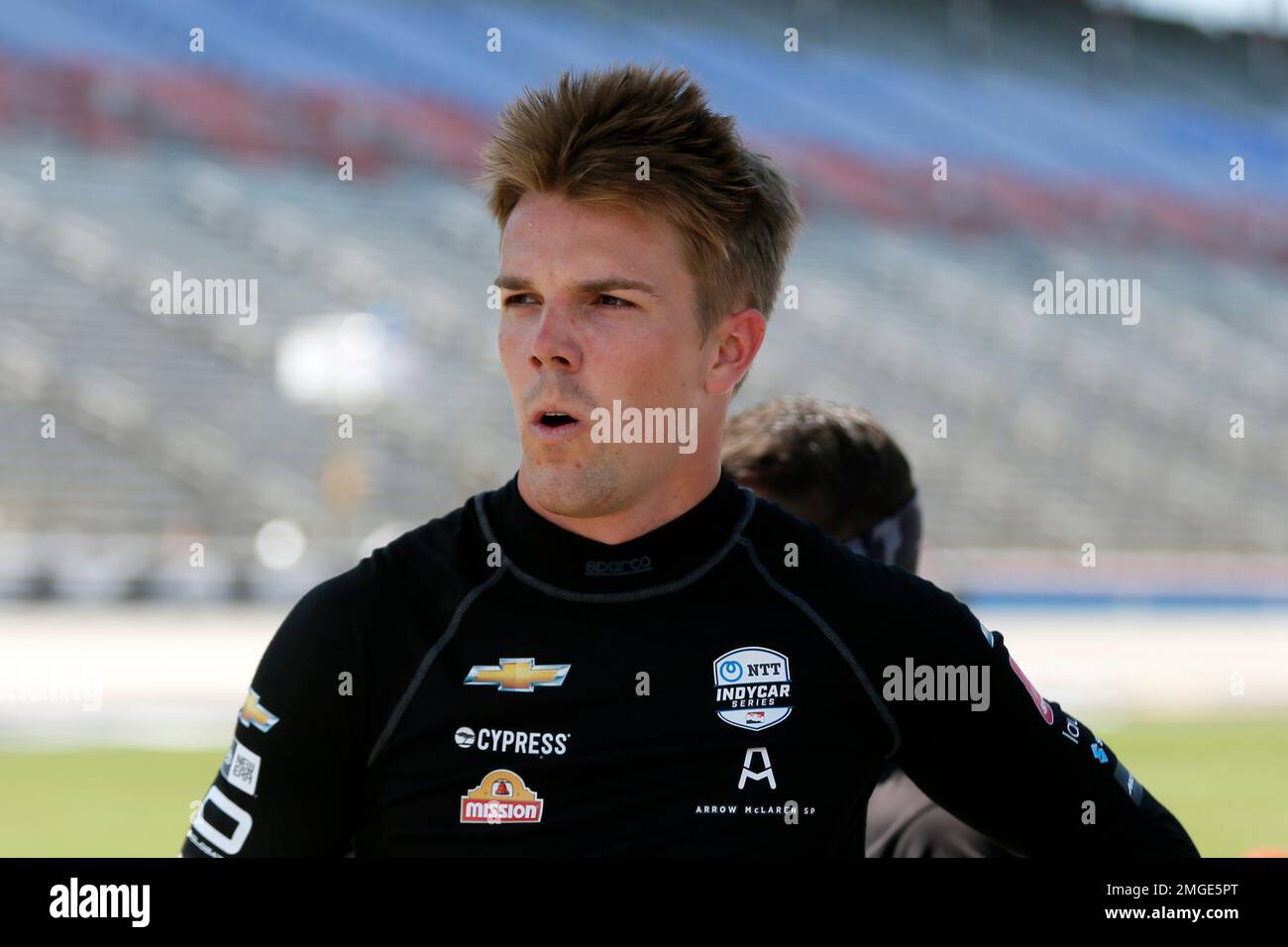 Oliver Askew stands on pit road during qualifying for an IndyCar auto ...