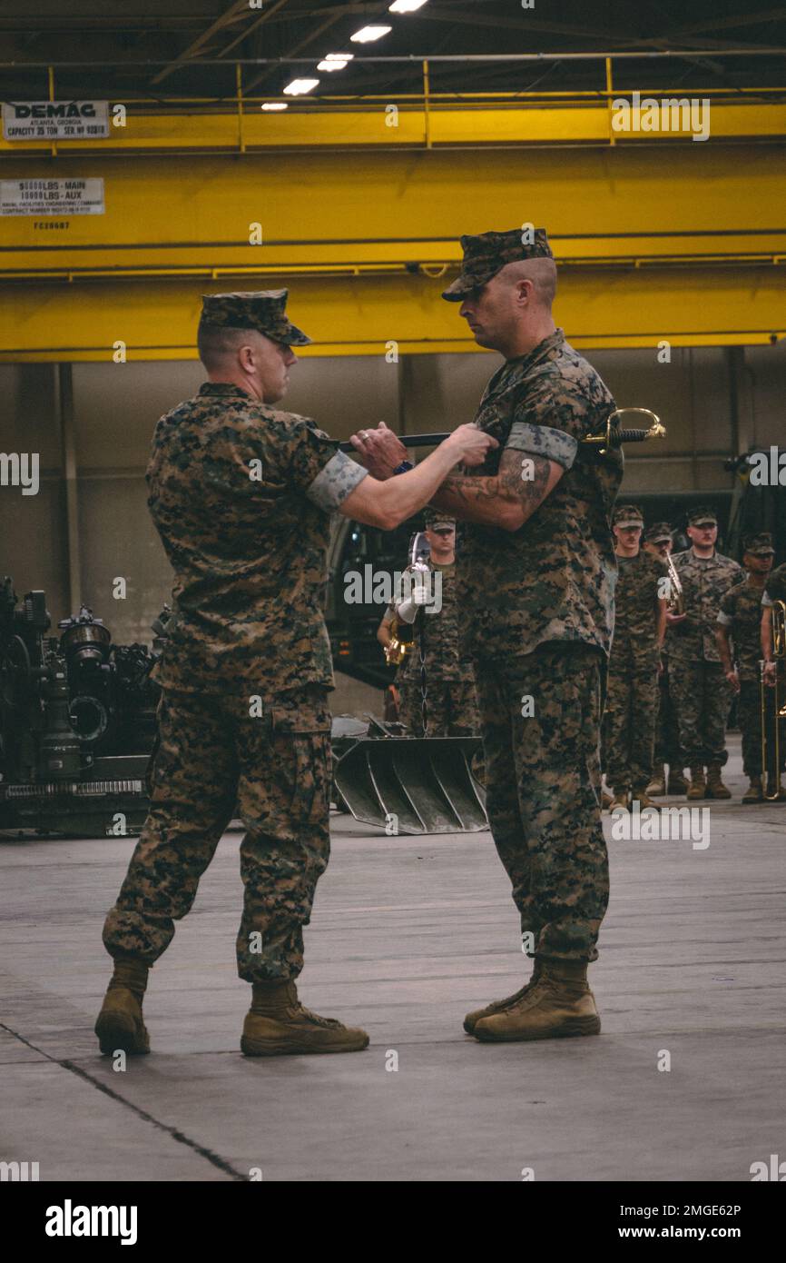 U.S. Marine Corps Lt. Col. Gregory Duesterhaus, left, the commanding ...