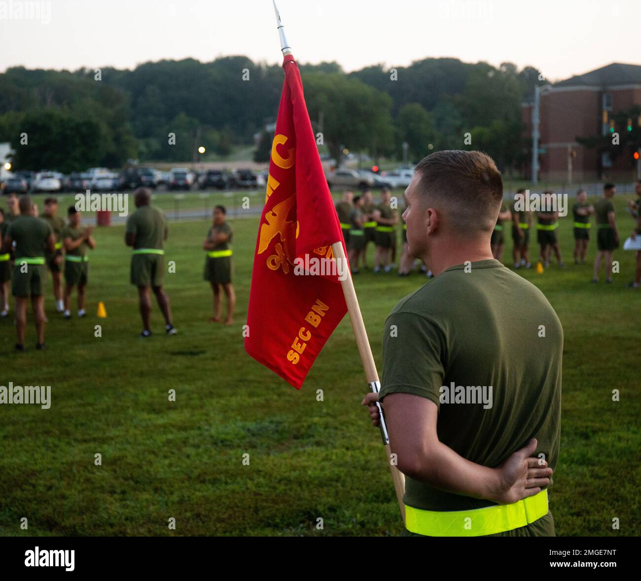 U.S. Marines assigned to Security Battalion stand in formation before a ...