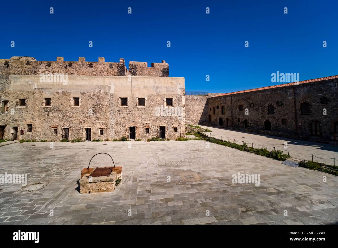 Inner courtyard of Milazzo Castle, Castello di Milazzo, located on a ...
