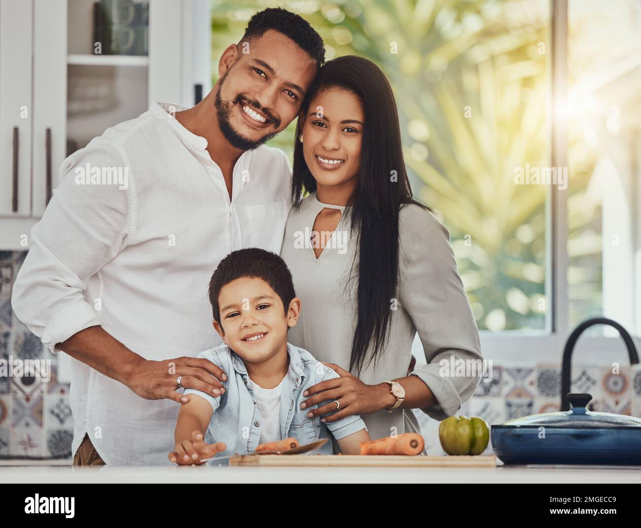 Cooking, smile and portrait of family in kitchen for health, nutrition ...