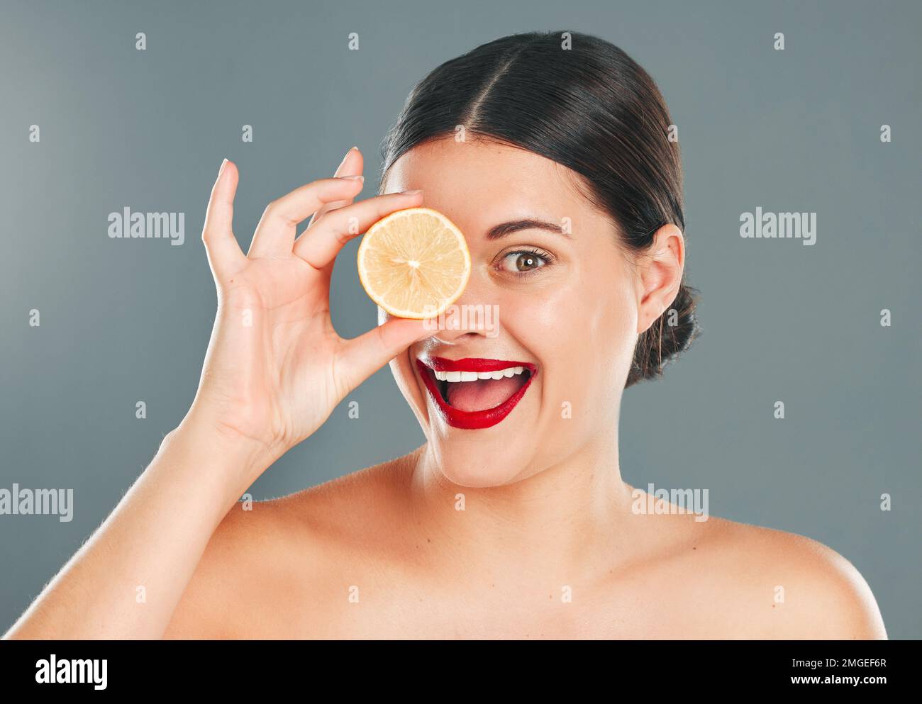 Orange, skincare, woman or aesthetic wellness for healthy diet, happy ...