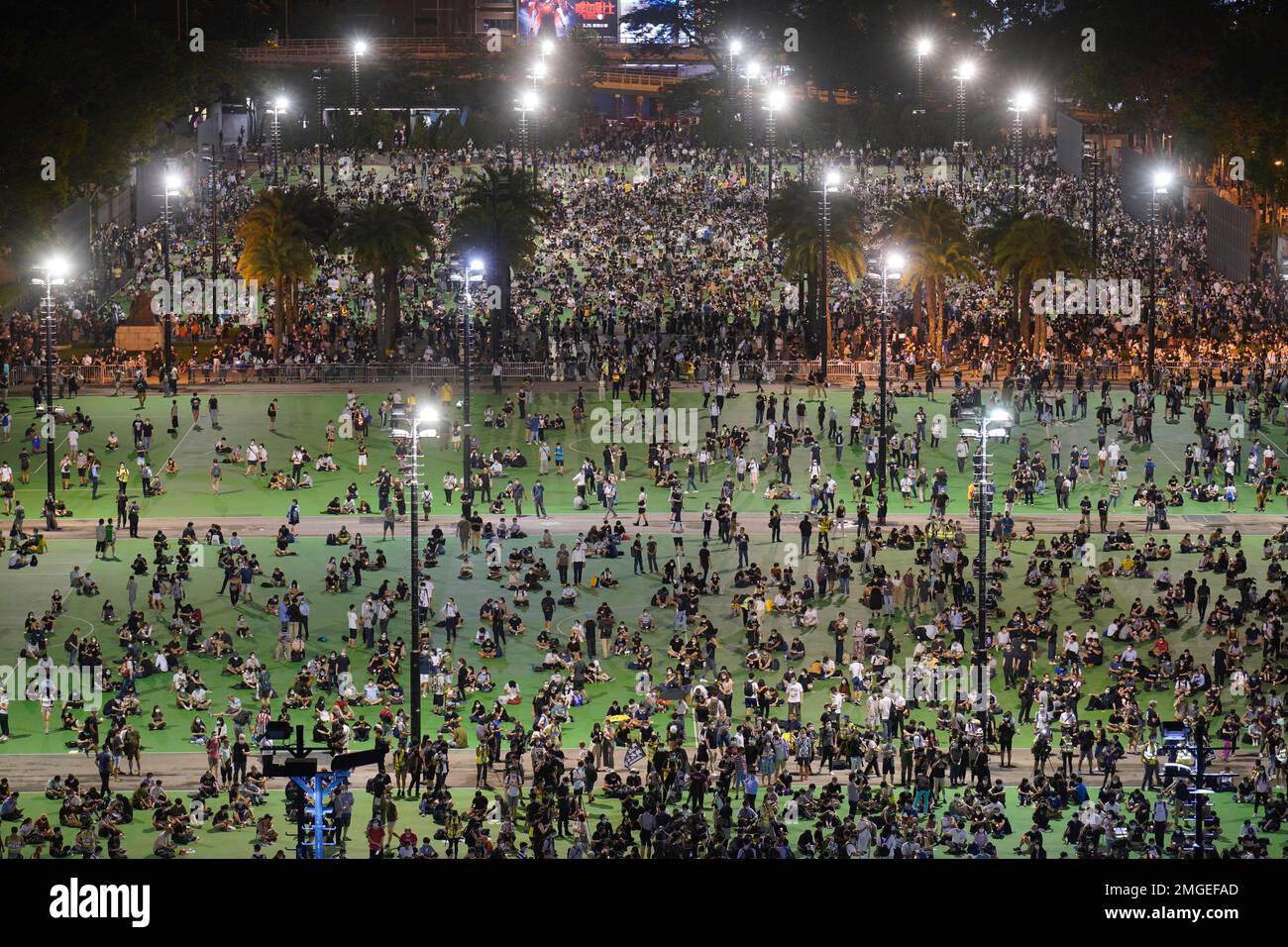 In this aerial view, participants gather for a vigil to remember the ...