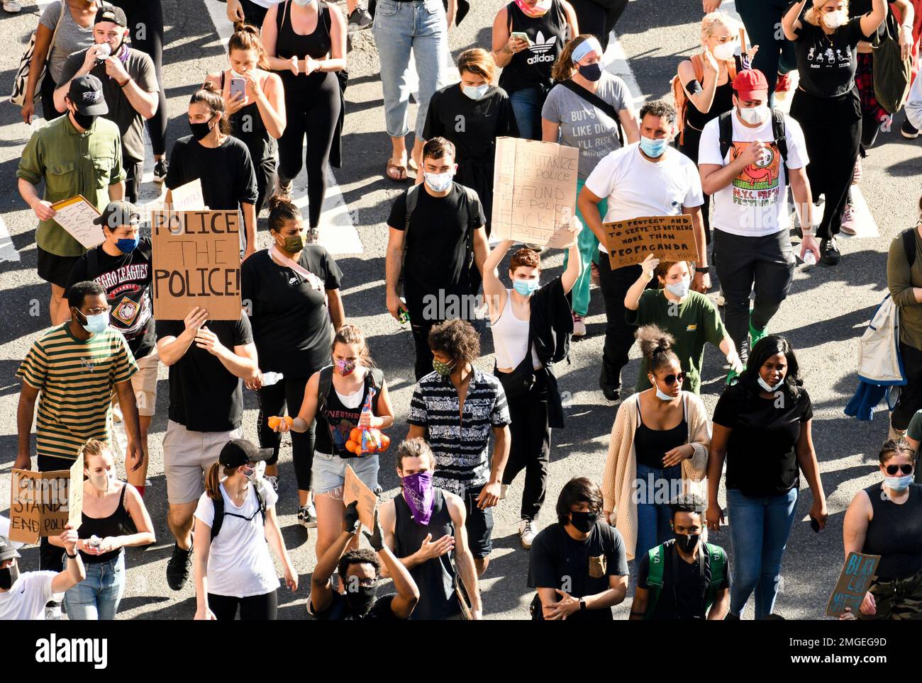 Overhead view of an anti-police brutality Black Lives Matter protest ...