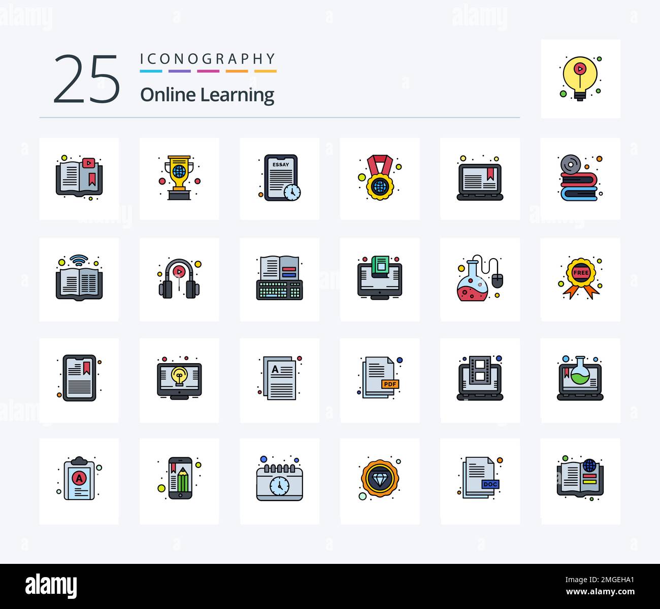 Online Learning 25 Line Filled icon pack including course. world. cup. study abroad. study time ...