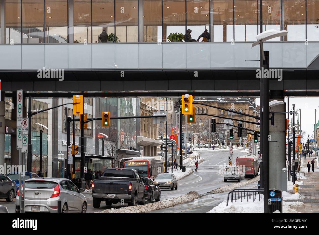 Ottawa, Canada - January 23, 2023: Rideau street with public bus stop ...
