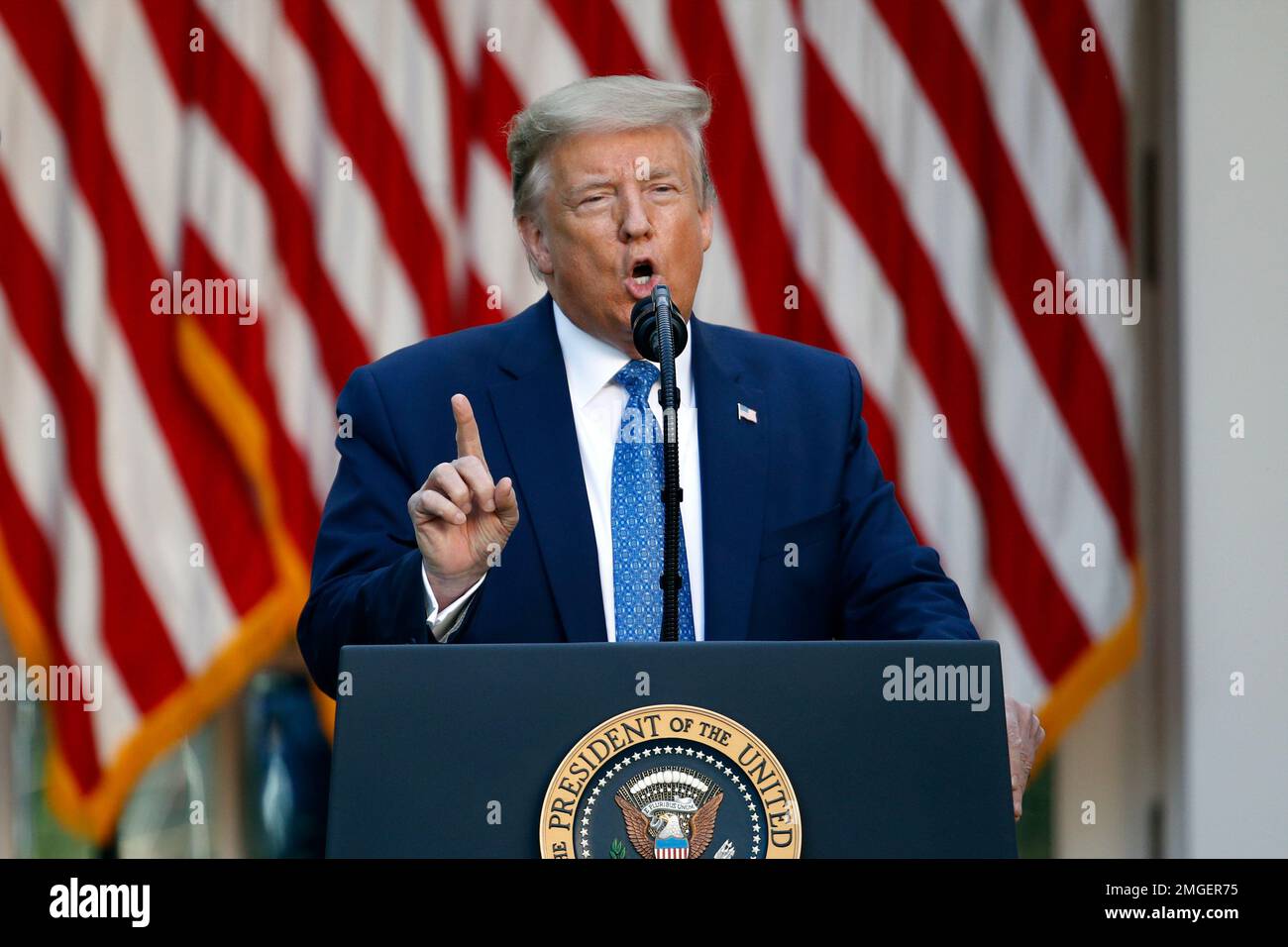 President Donald Trump speaks in the Rose Garden of the White House ...