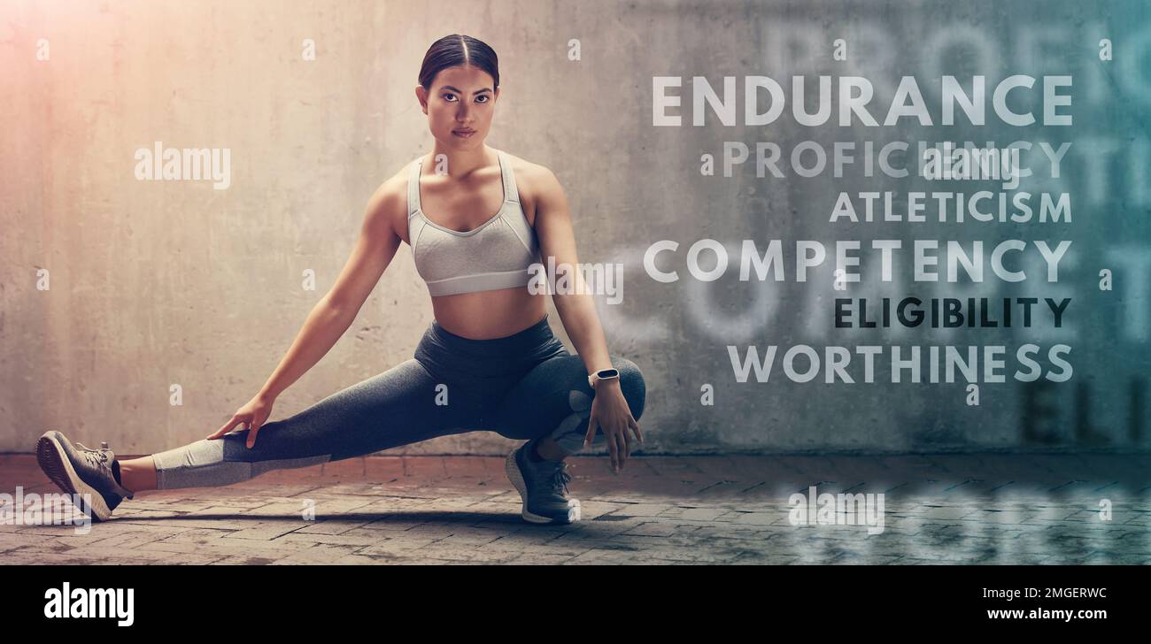 Motivation, stretching and fitness words for wellness by woman exercise ...