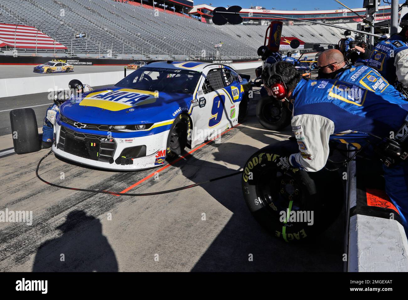 Chase Elliott (9) makes a pit stop during a NASCAR Cup Series auto race ...
