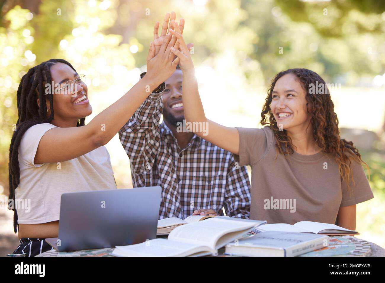 Friends, students and teamwork high five at park for unity, solidarity ...