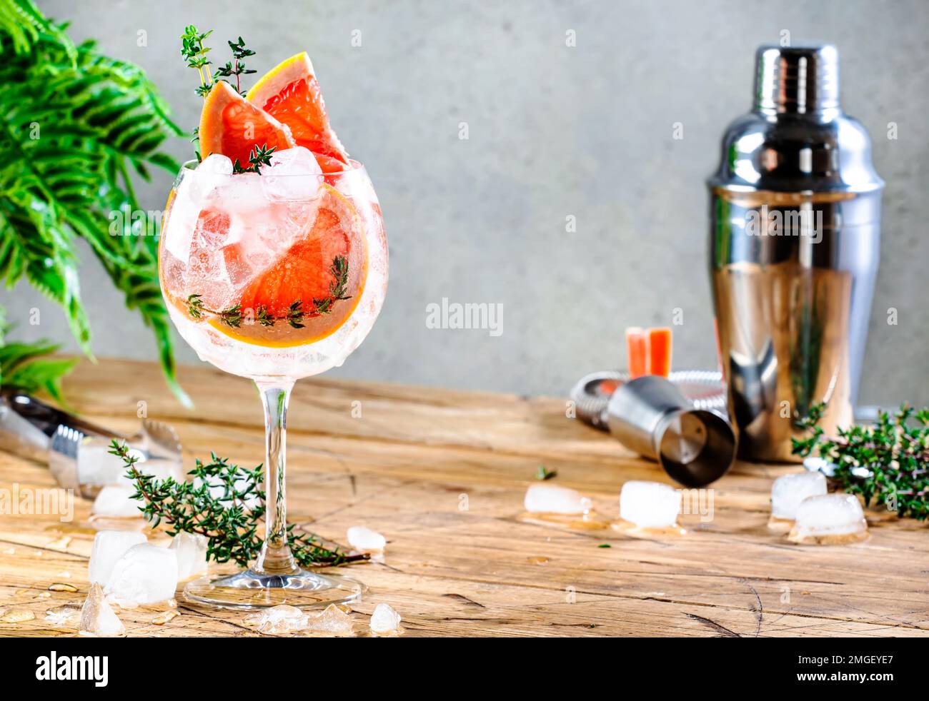 Gin bitter grapefruit cocktail drink with dry gin, tonic, thyme and ice ...