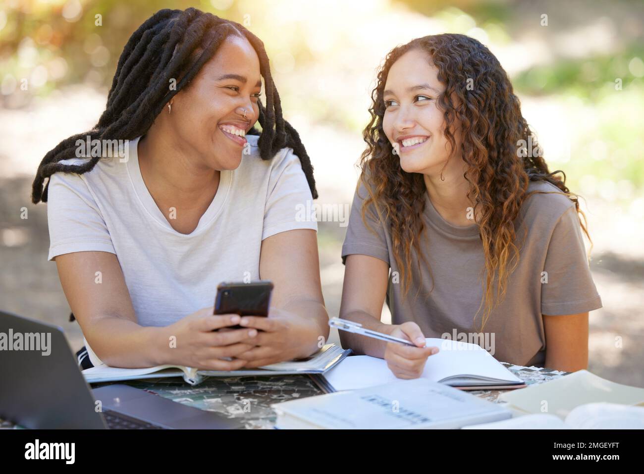 Friends, students and women with phone at park laughing at funny meme ...