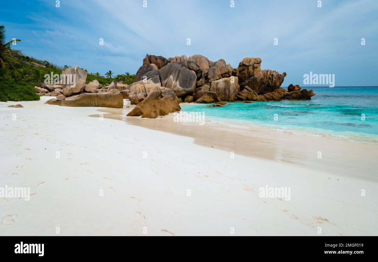 Anse Cocos beach with huge granite boulders at La Digue Seychelles ...