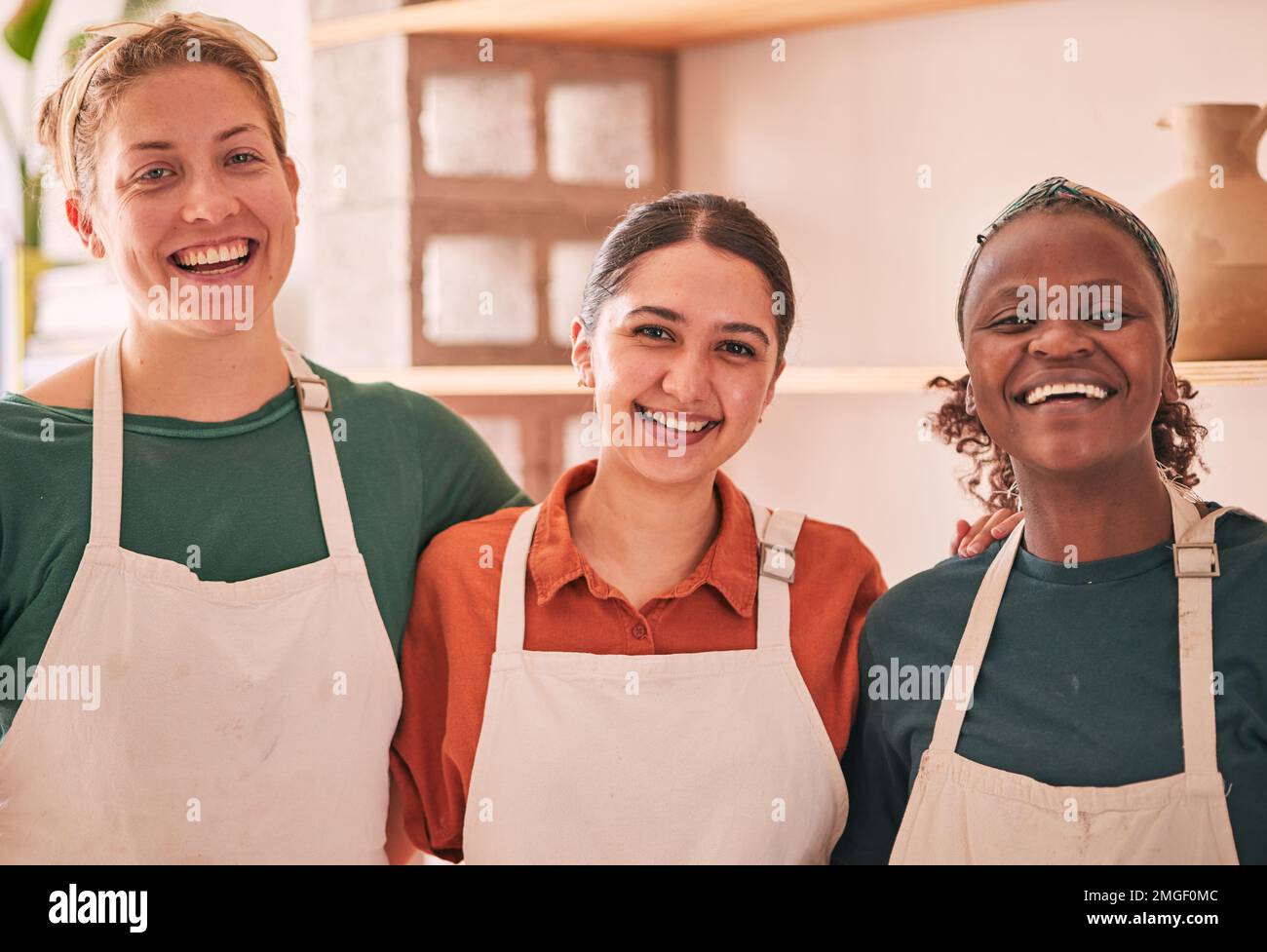 Pottery, creative workshop and portrait of women for small business ...