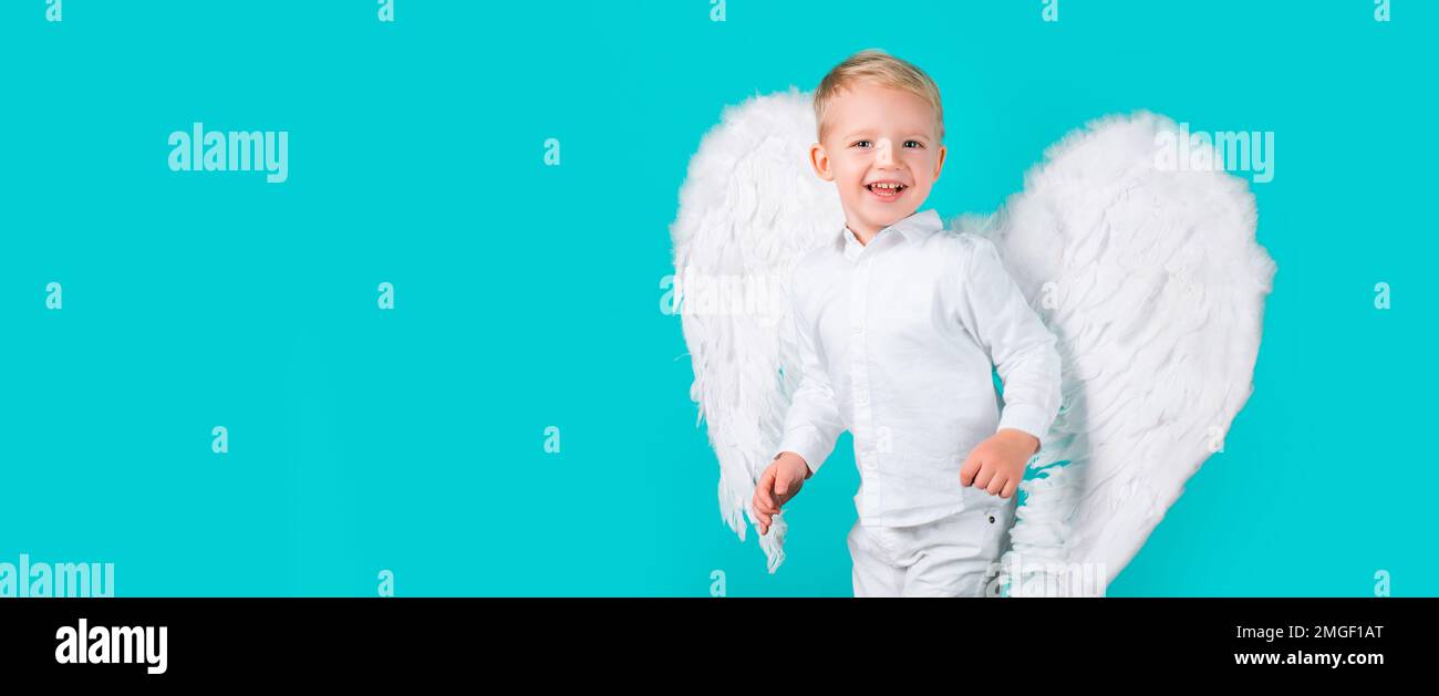 Angel child banner, isolated studio background. Beautiful little angel ...