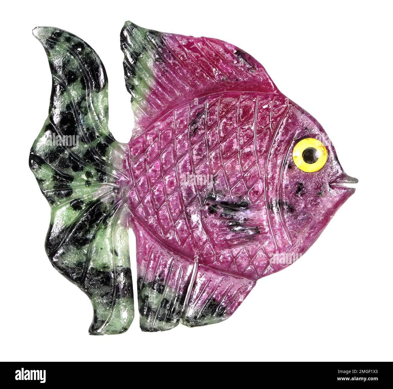 Natural stone watermelon tourmaline in the shape of a fish on a white ...