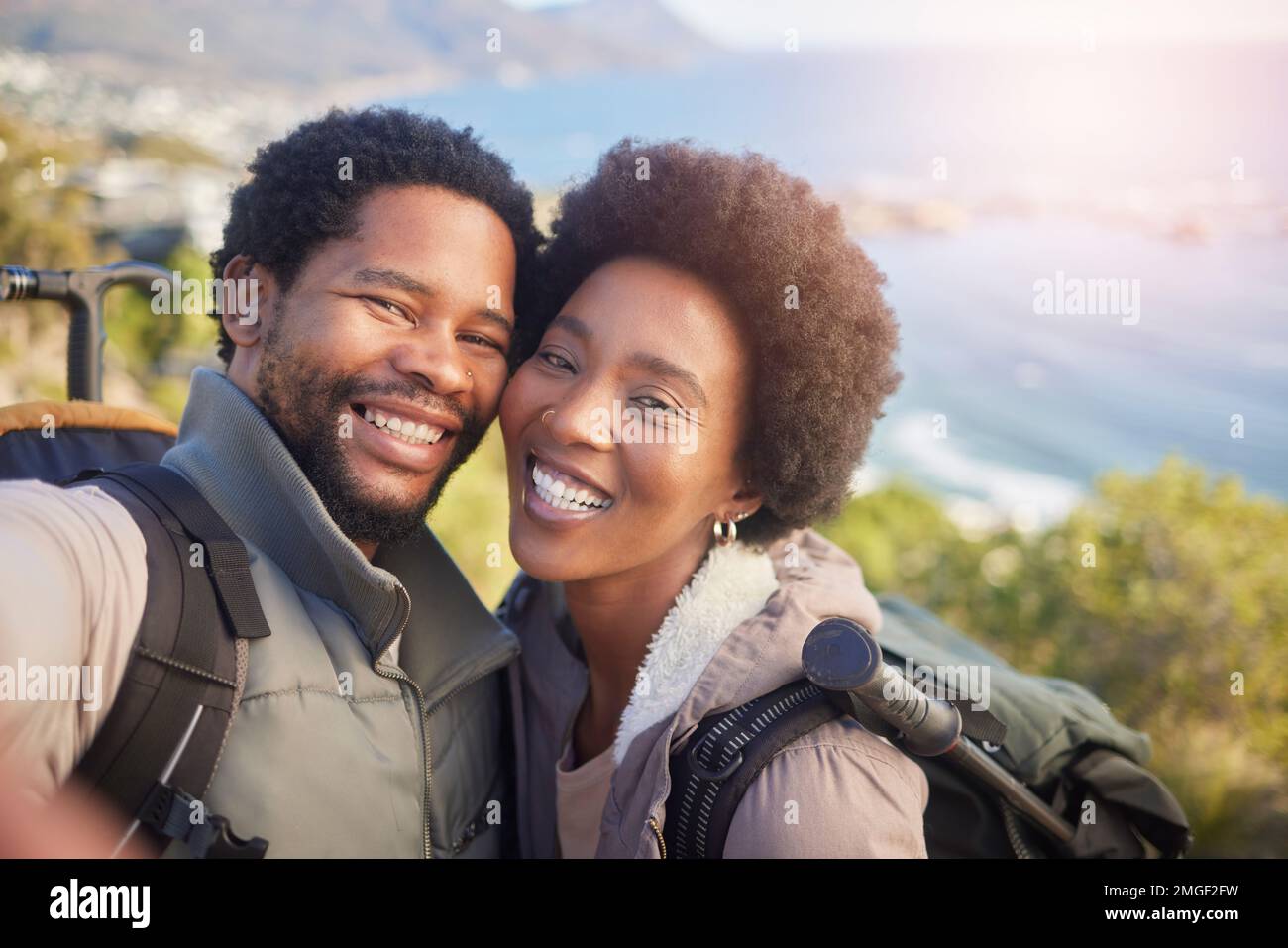 Nature, romance and selfie, couple hiking on mountain for fitness, fun ...