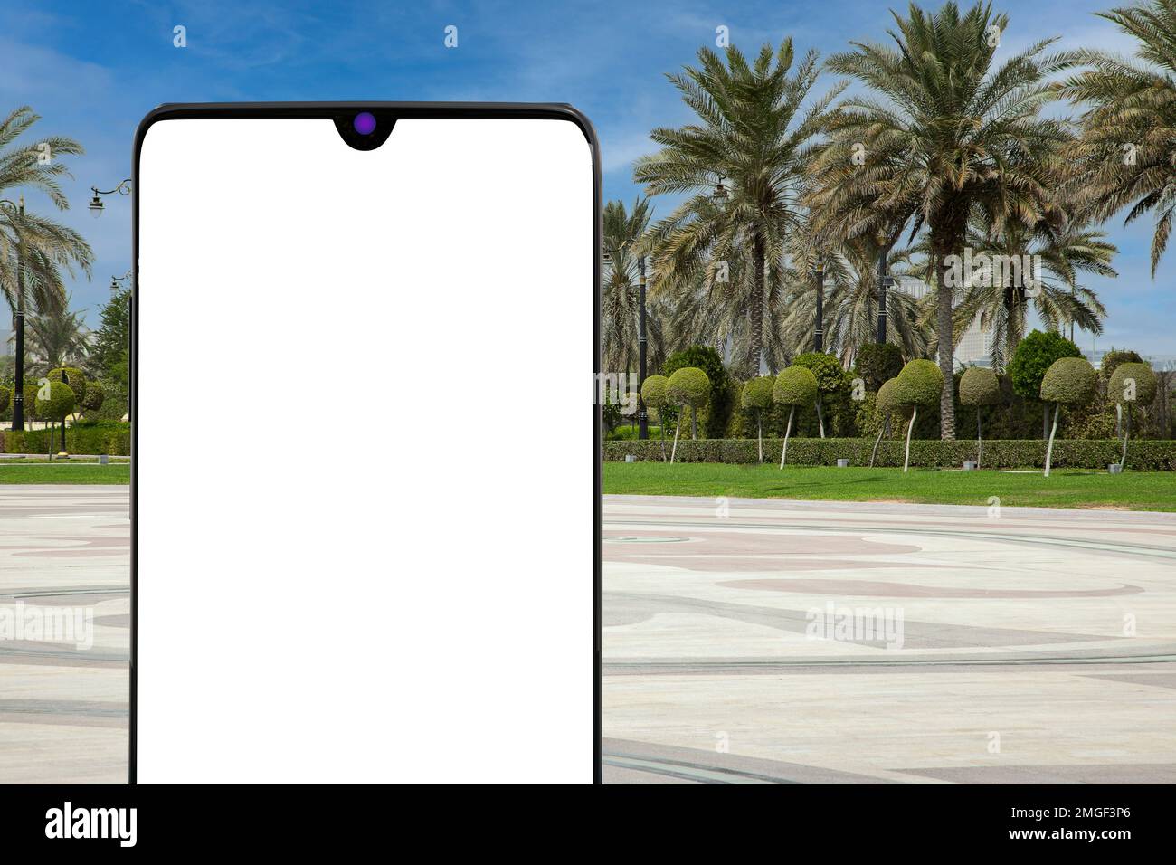 Modern Mobile Phone with Blank Screen in front of Empty City Street ...