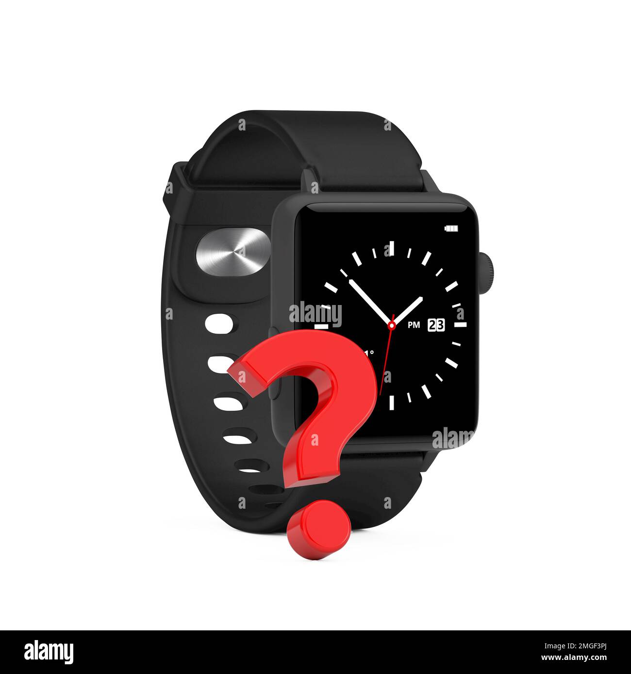 Black Modern Smart Watch with Strap and Red Question Mark on a white ...