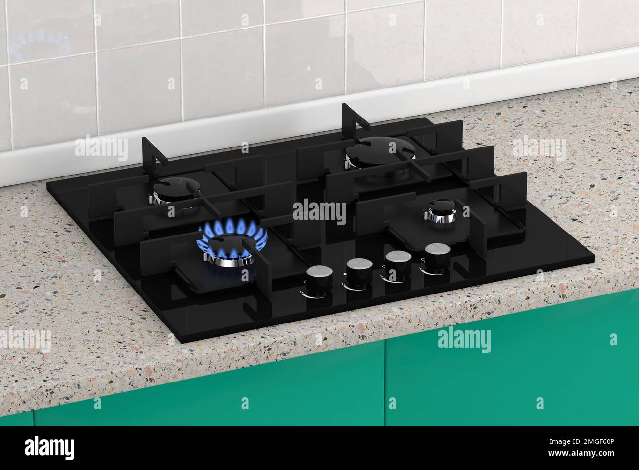 Flame of Methane Gas with Black Modern Kitchen Gas Stove and Kitchen ...