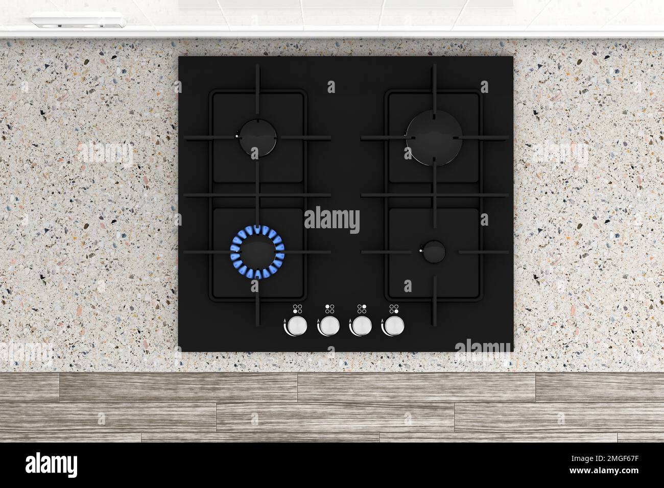 Flame of Methane Gas with Black Modern Kitchen Gas Stove Top View ...