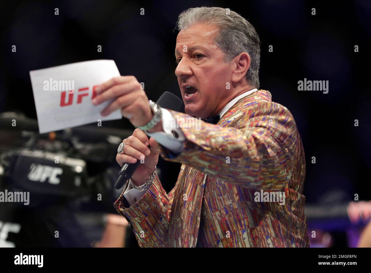 Announcer Bruce Buffer introduces fighters before a UFC 249 mixed ...
