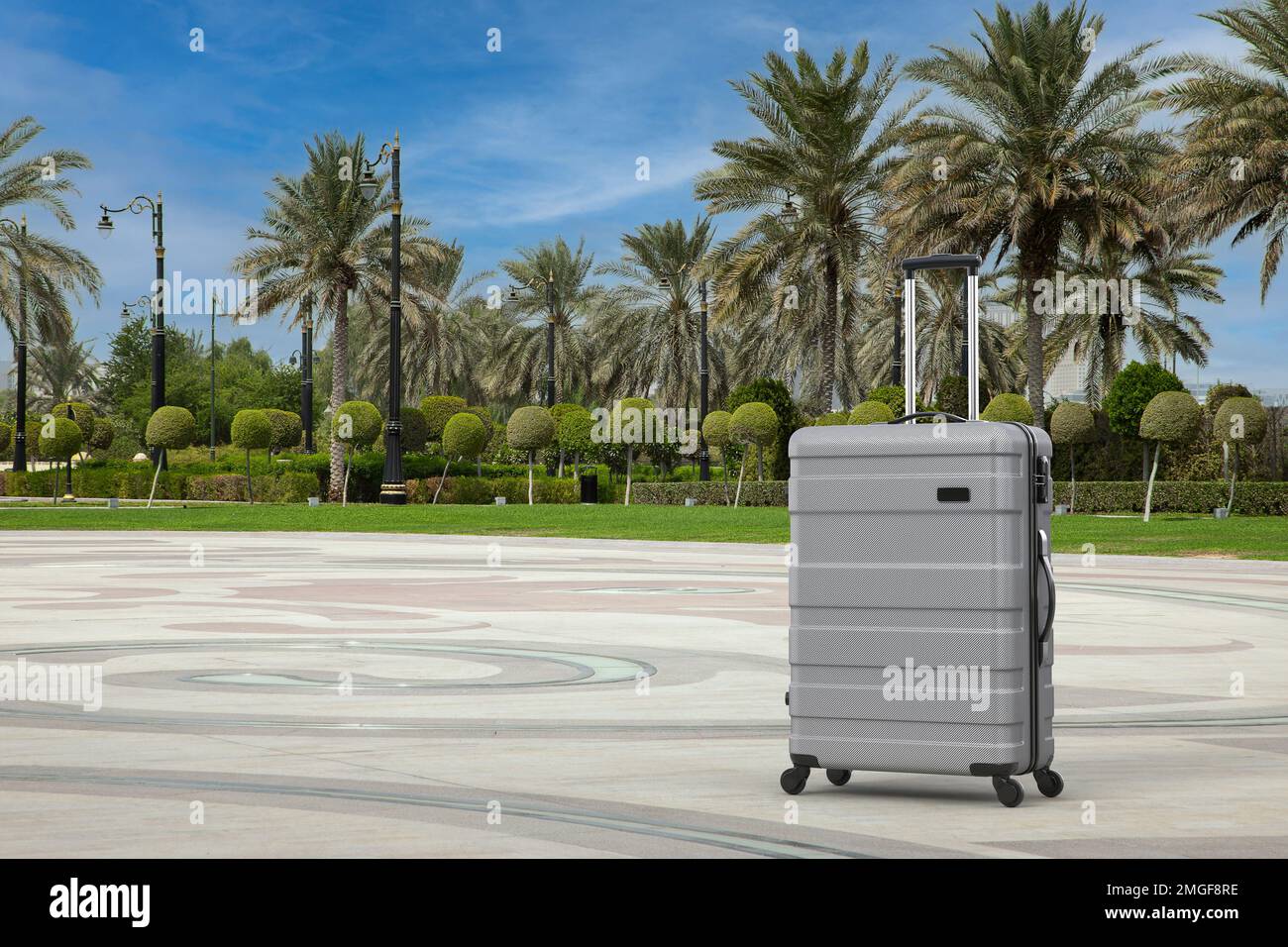 Travel Holiday Vacation Concept. Modern Luxury Plastic Gray Suitcase on ...