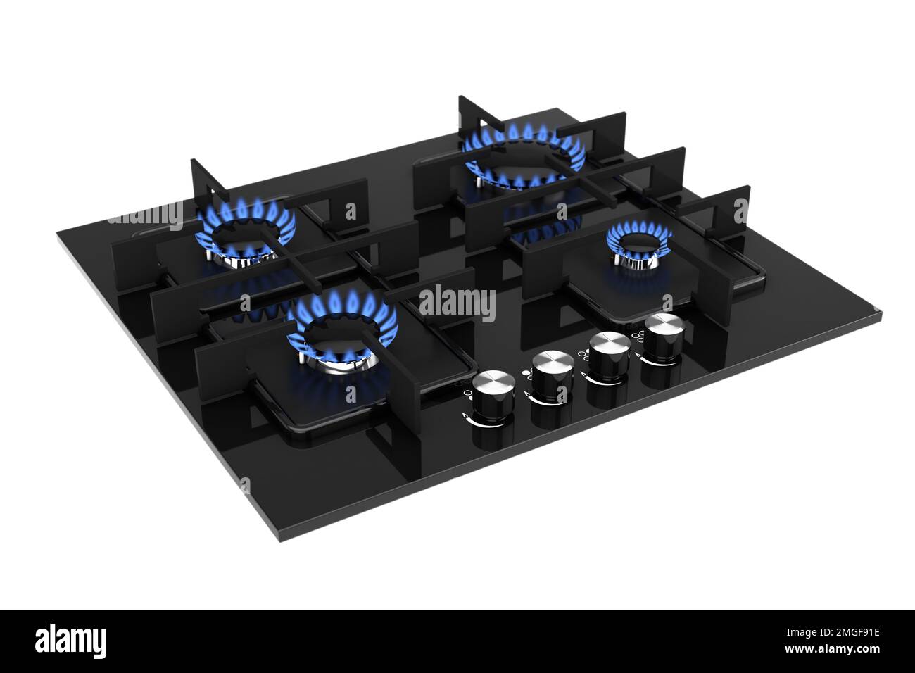 Flame of Methane Gas with Black Modern Kitchen Gas Stove on a white ...
