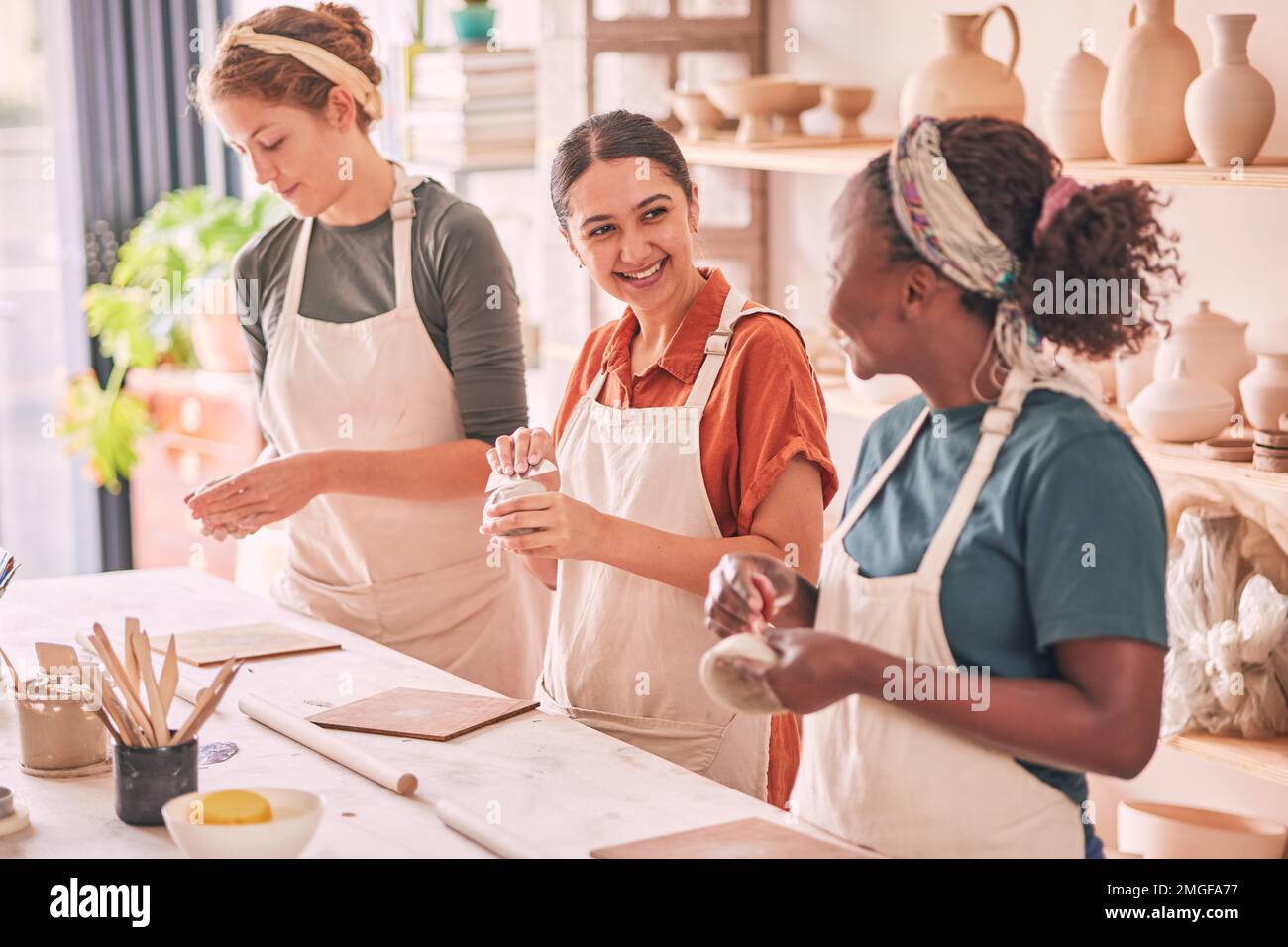 Pottery class, group workshop or happy woman design sculpture mold ...