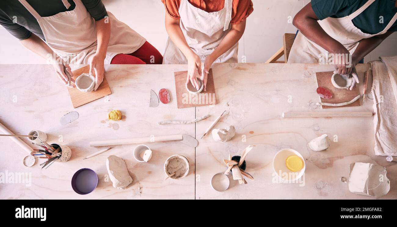 Pottery class, ceramic workshop or women design sculpture mold, clay ...