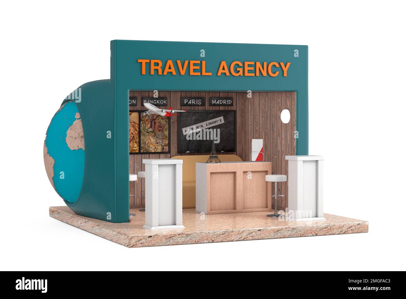Modern Travel Agency Booth, Promotion Stand, Room on a white background ...