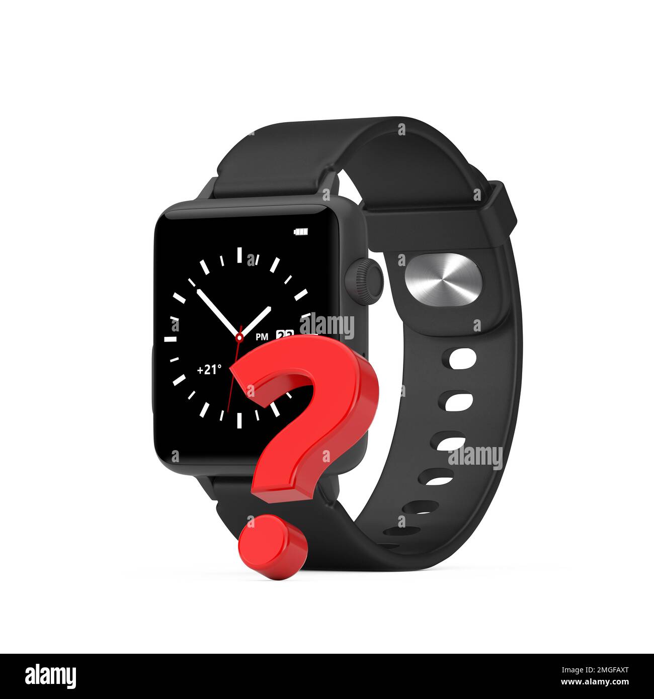 Black Modern Smart Watch with Strap and Red Question Mark on a white ...