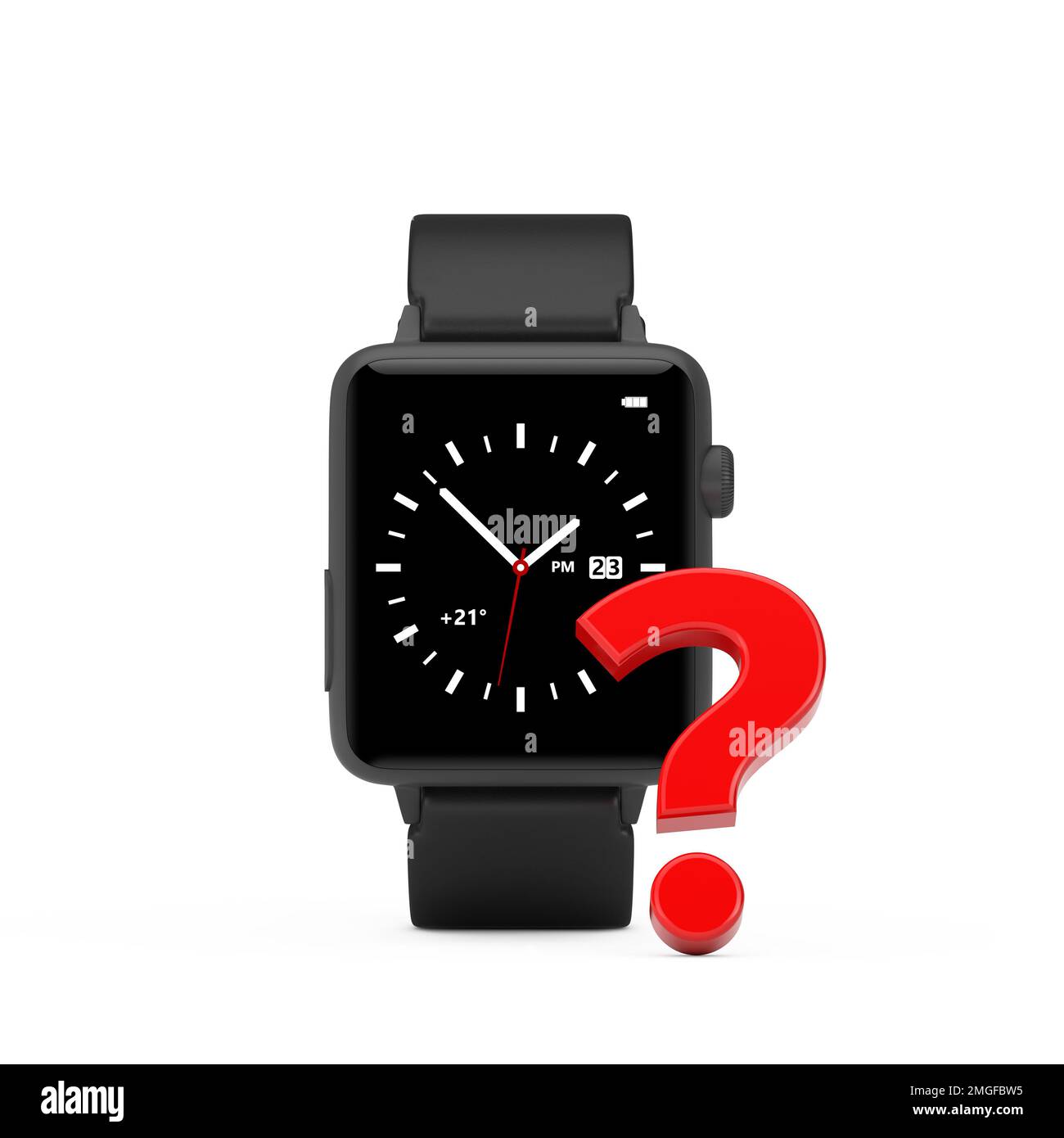 Black Modern Smart Watch with Strap and Red Question Mark on a white ...