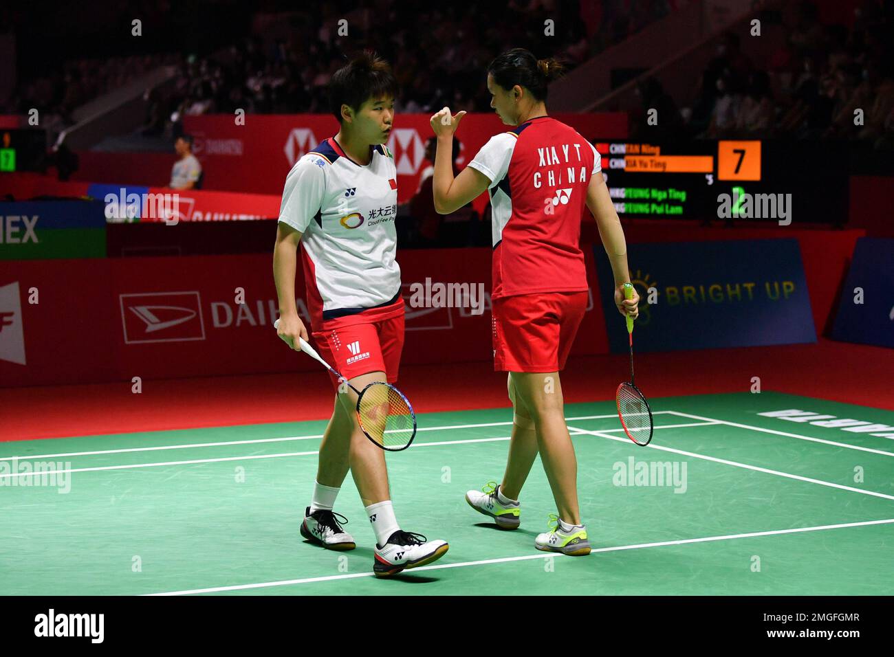 Jakarta, Indonesia. 26th Jan, 2023. Tan Ning (L)/Xia Yuting of China react during the women's ...