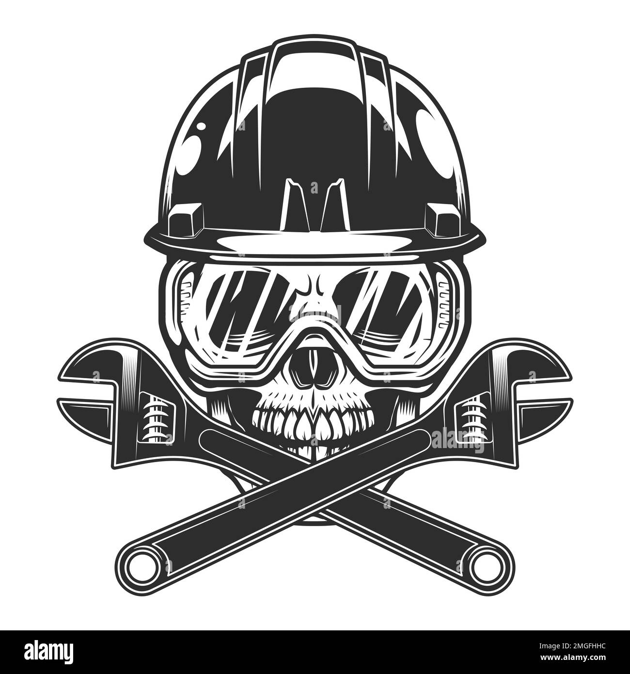 Builder plumber skull in hard hat and glasses with crossed plumbing ...