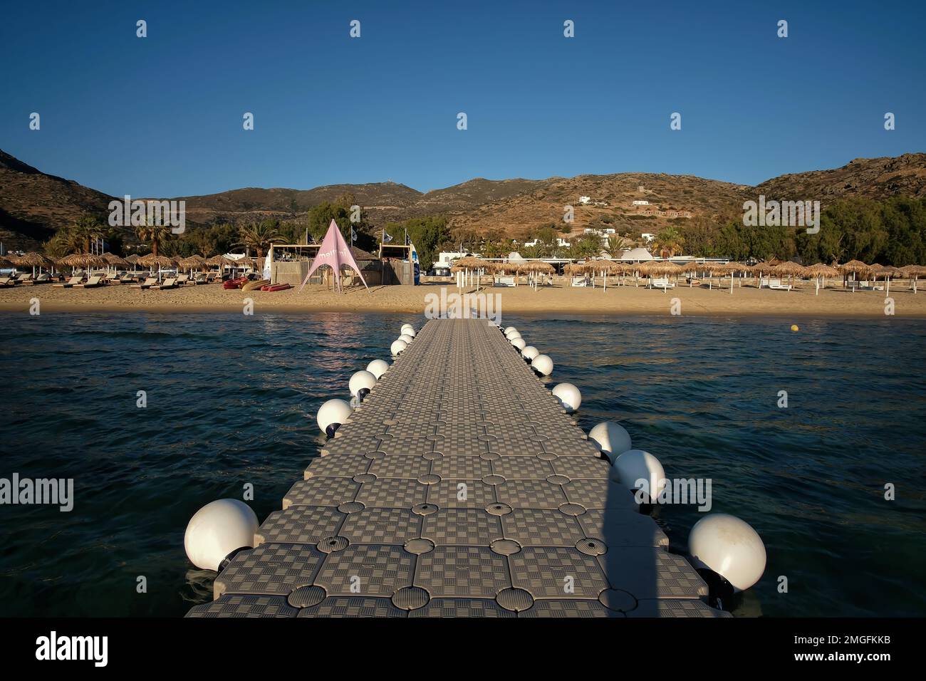 Ios, Greece - June 3, 2021 : View of a floating dock, also known as a ...
