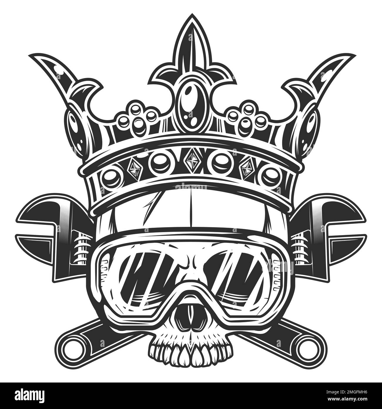 Skull without jaw with construction spanner plumbing wrench key tools ...