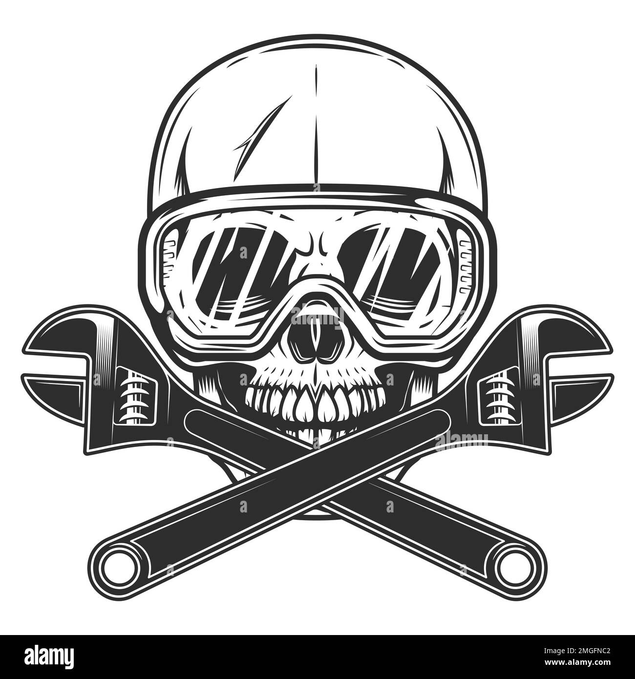 Builder skull and safety glasses with wrench tools in monochrome ...