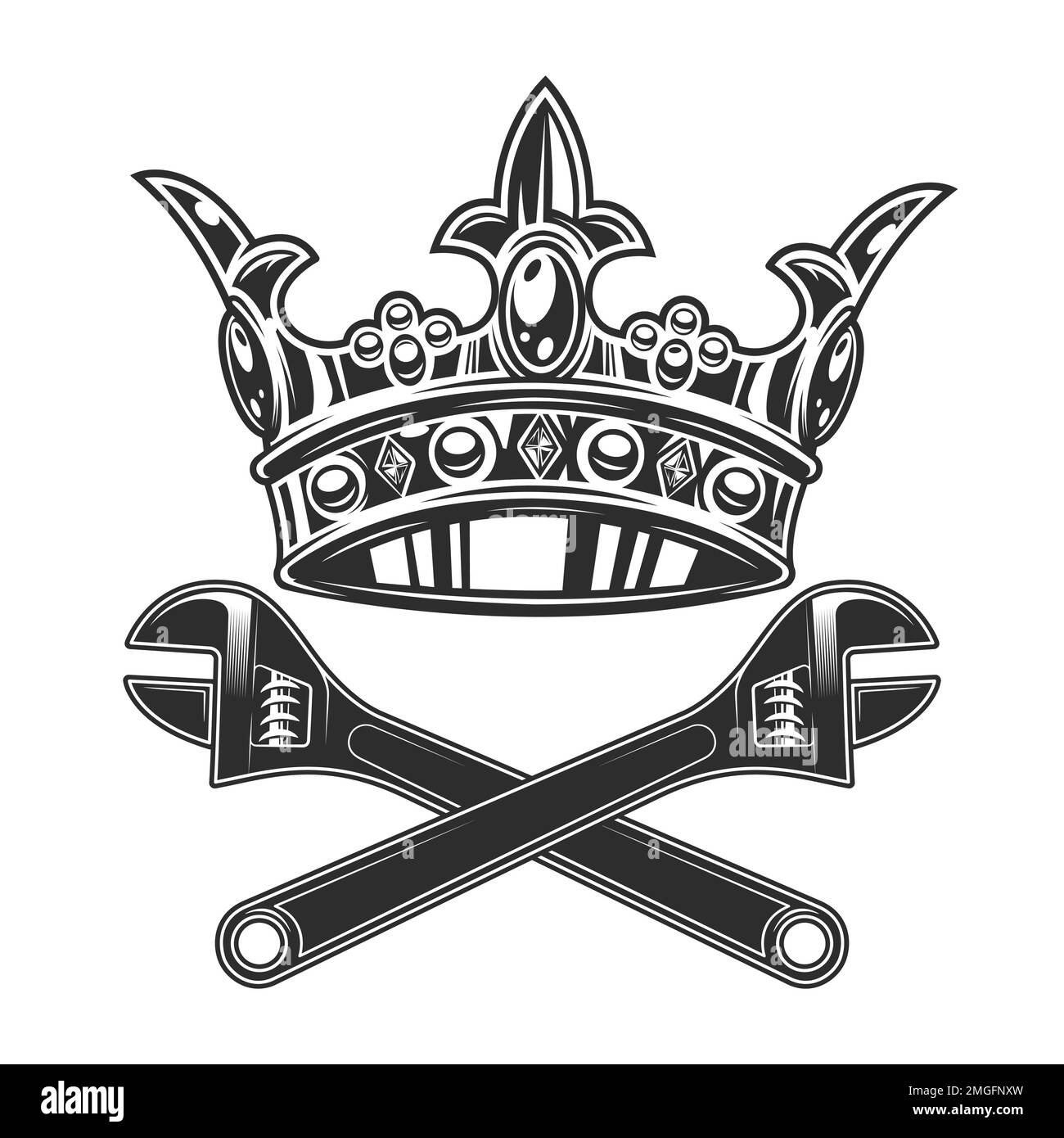 Wrench tools crossed and king crown illustration. Plumbing Key tool ...