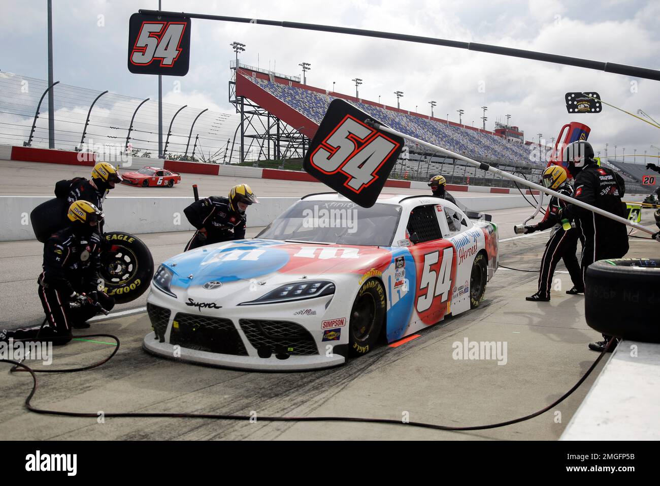 Kyle Busch makes a pit stop during the NASCAR Xfinity series auto race ...