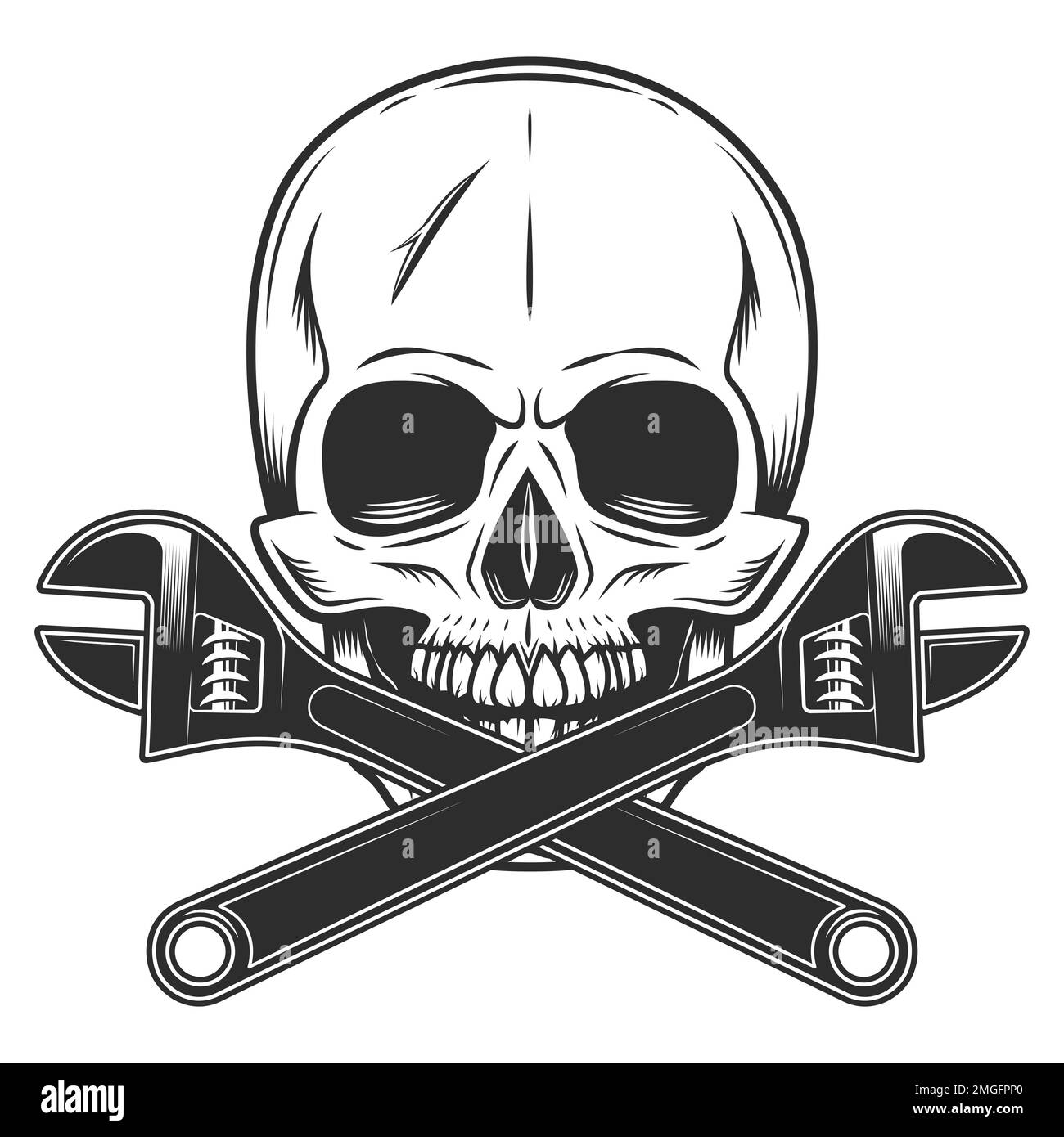 Skull with wrench tools in monochrome illustration style icon ...