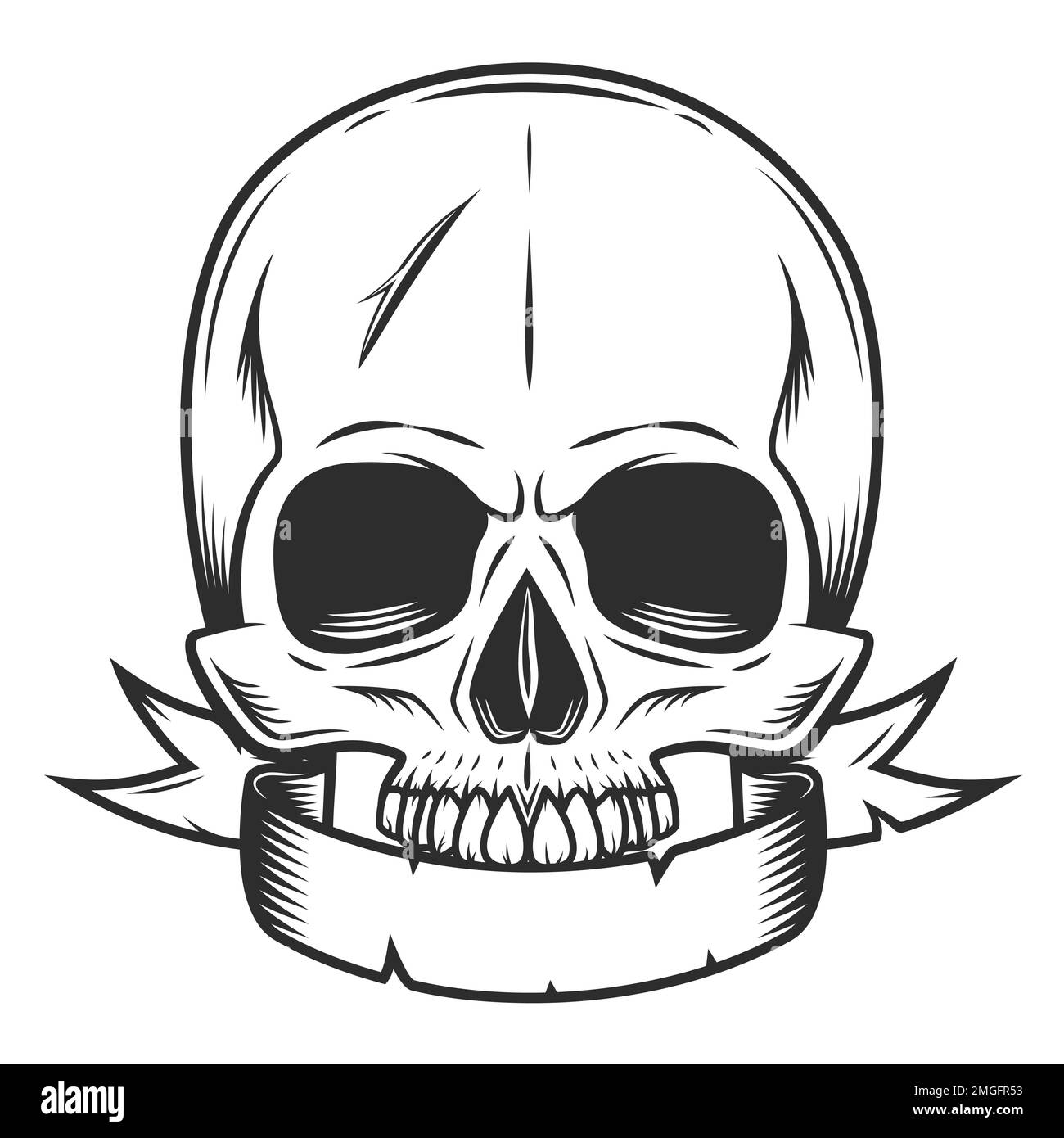 Skull without jaw with ribbon vintage monochrome style illustration ...