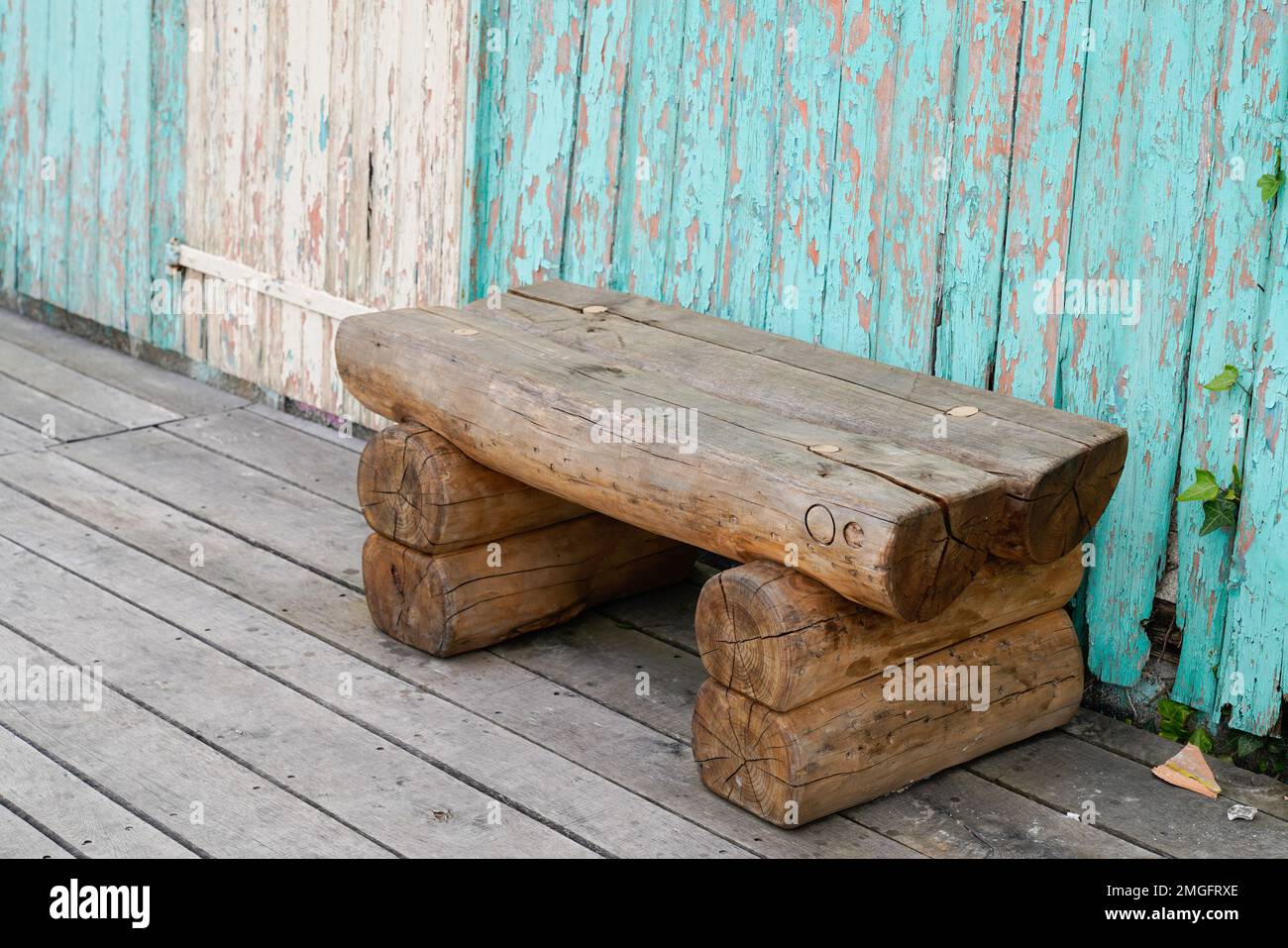 wooden bench home made with wood round tree on terrace Stock Photo - Alamy