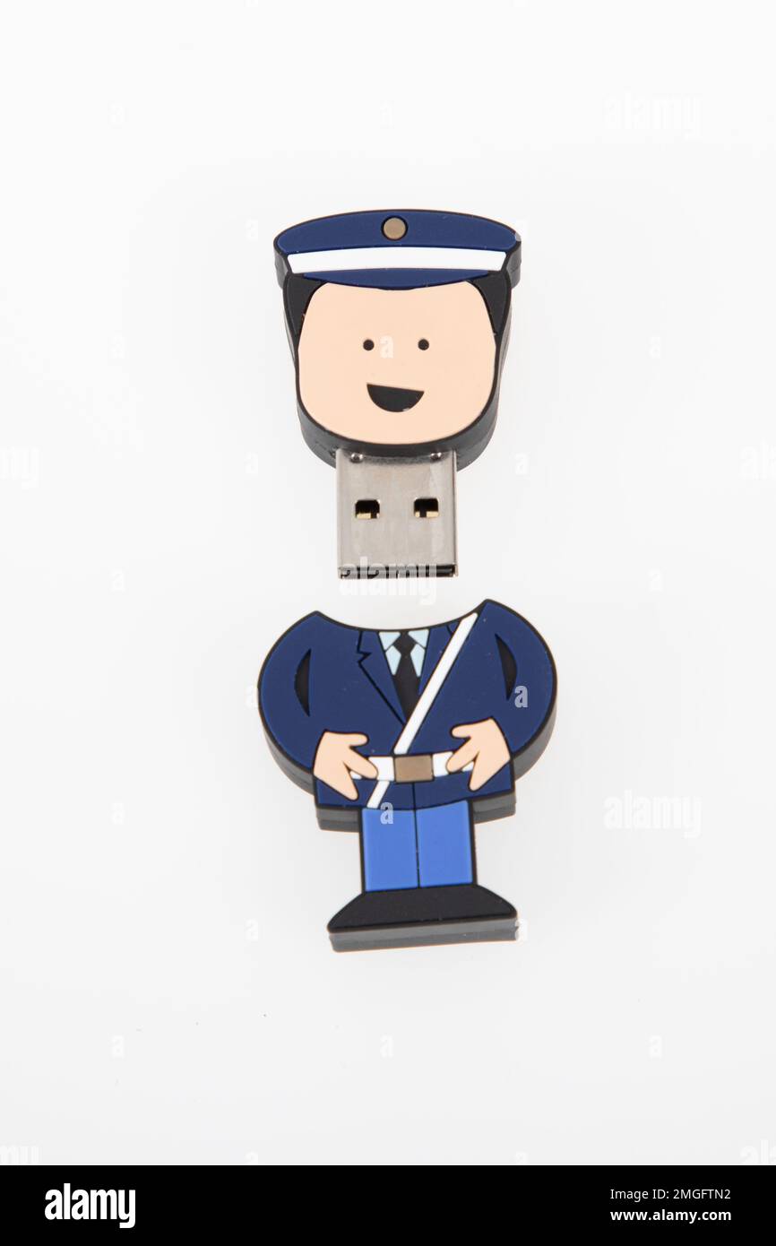 usb flash key drive uniformed policeman shaped cartoon open on white ...