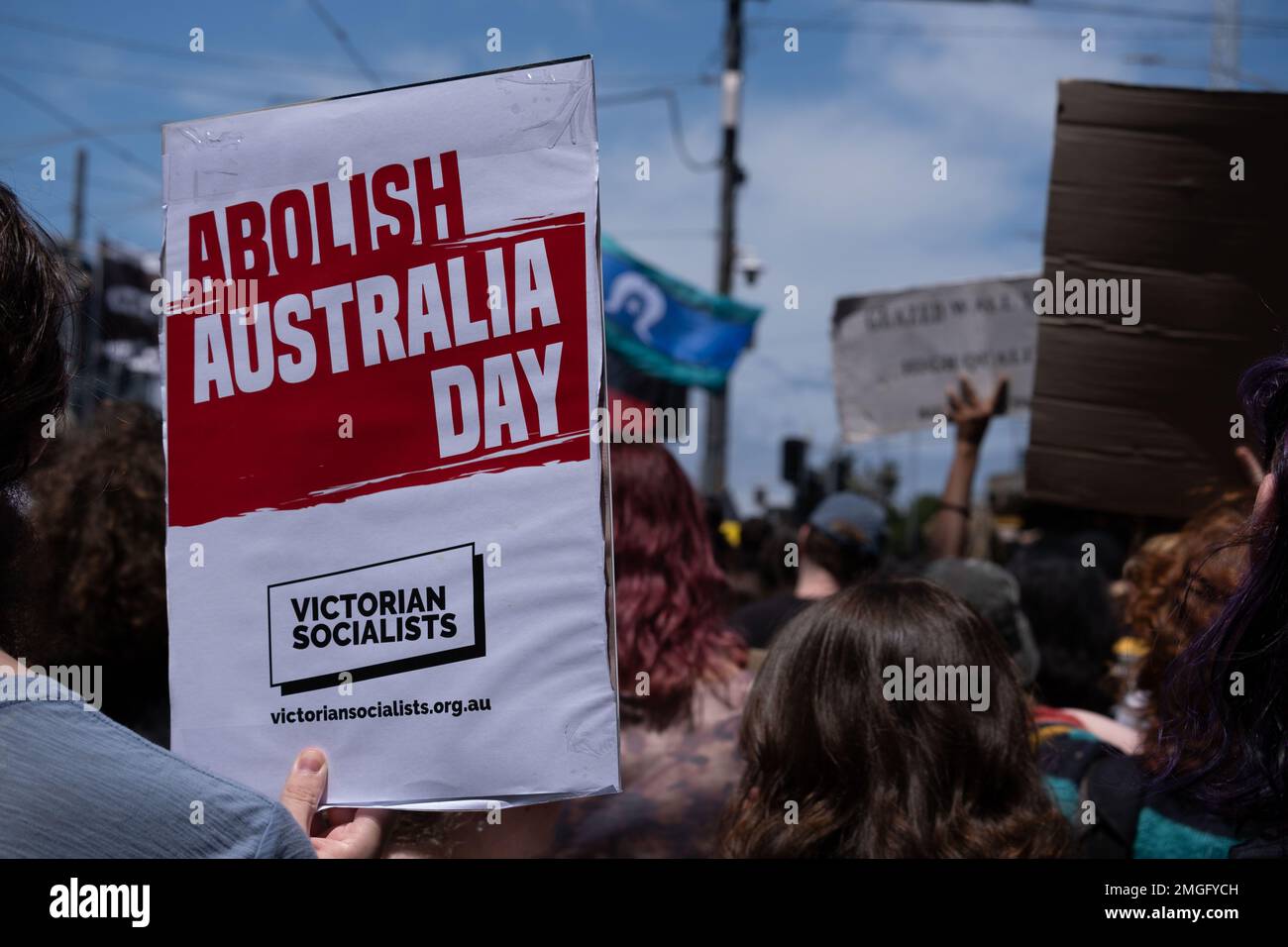 Melbourne Australia. 26th Jan 2023. Protests during Australia Day, sign ...