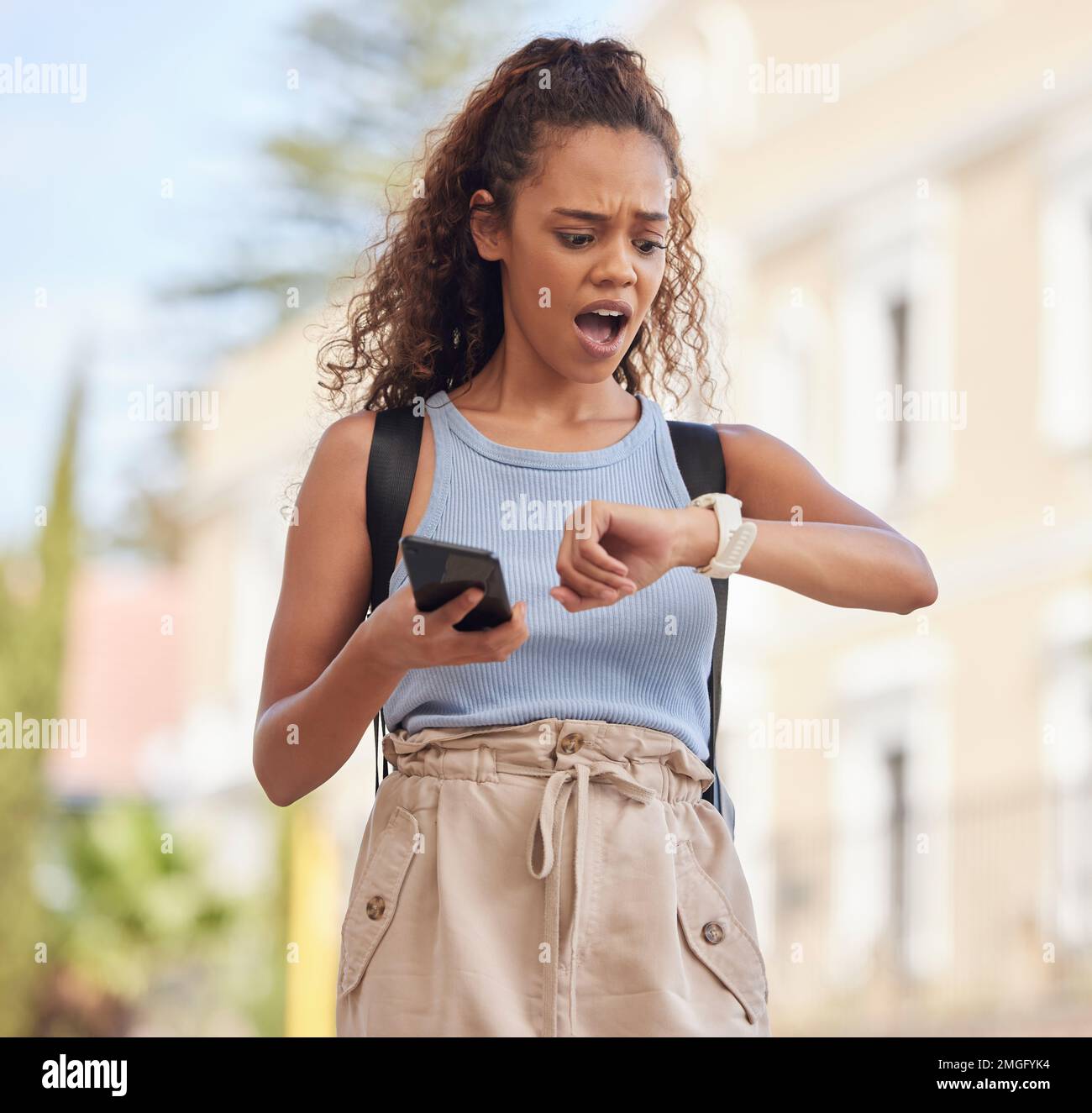 Shocked, time and watch of woman student with schedule, time management ...