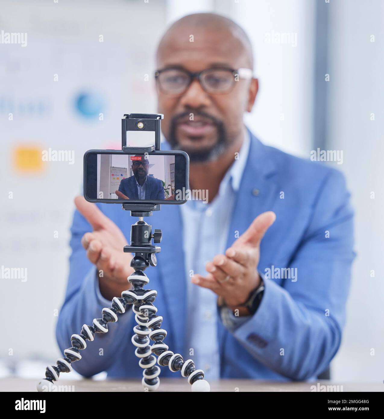 Business webinar, smartphone and black man talking for coaching ...