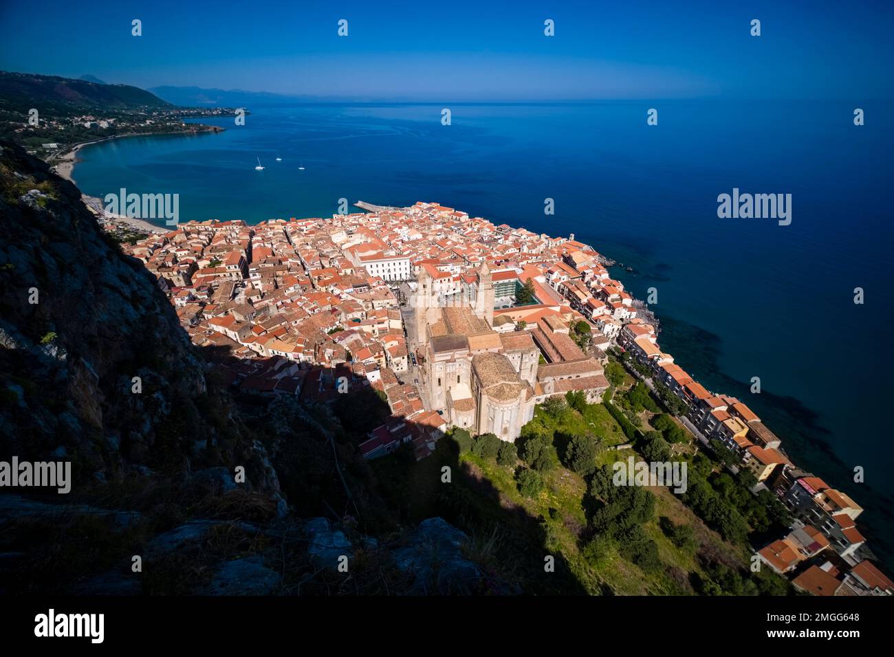 Aerial view of the center of the medieval town of Cefalu, located on ...