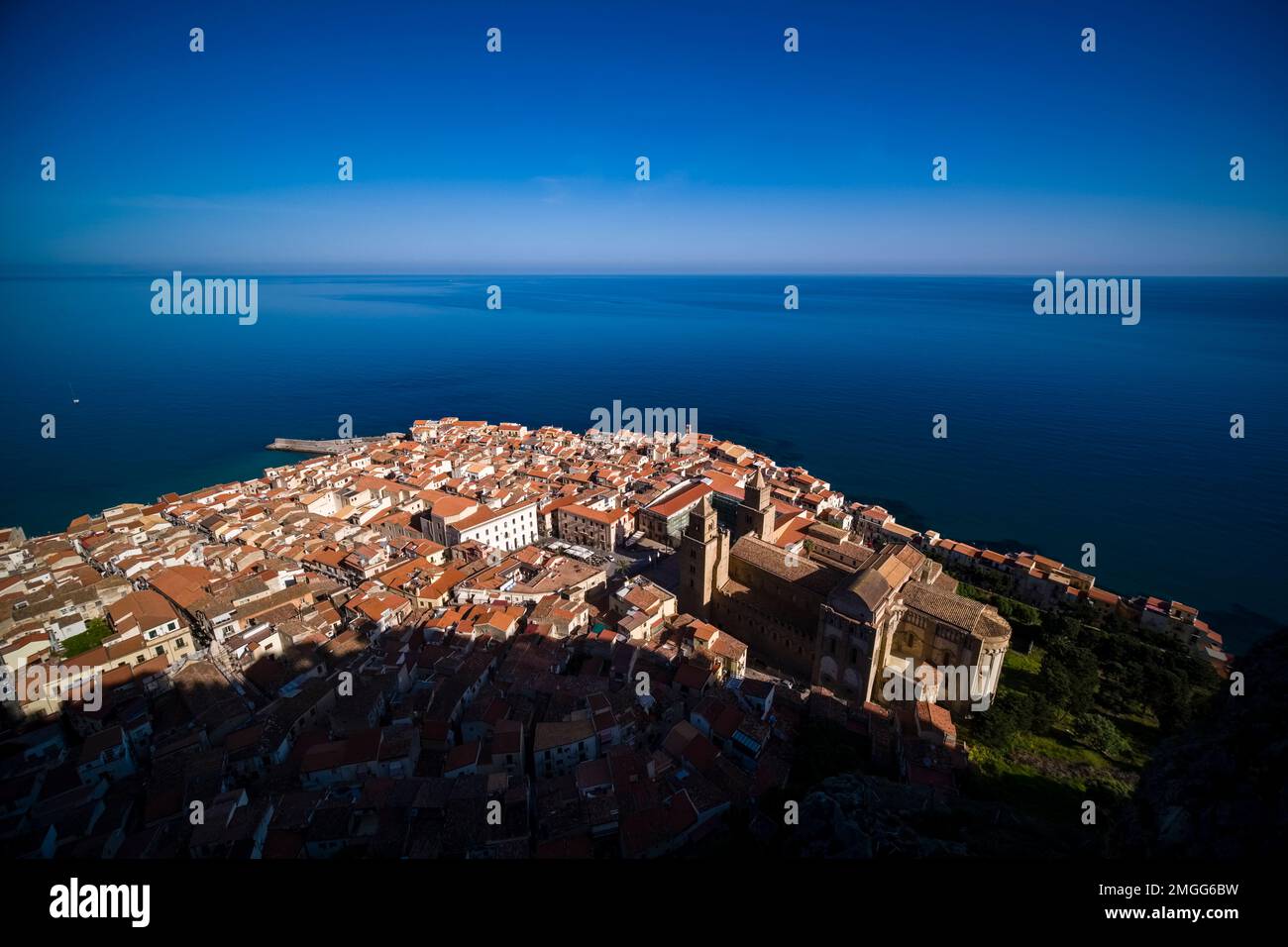Aerial view of the center of the medieval town of Cefalu, located on ...