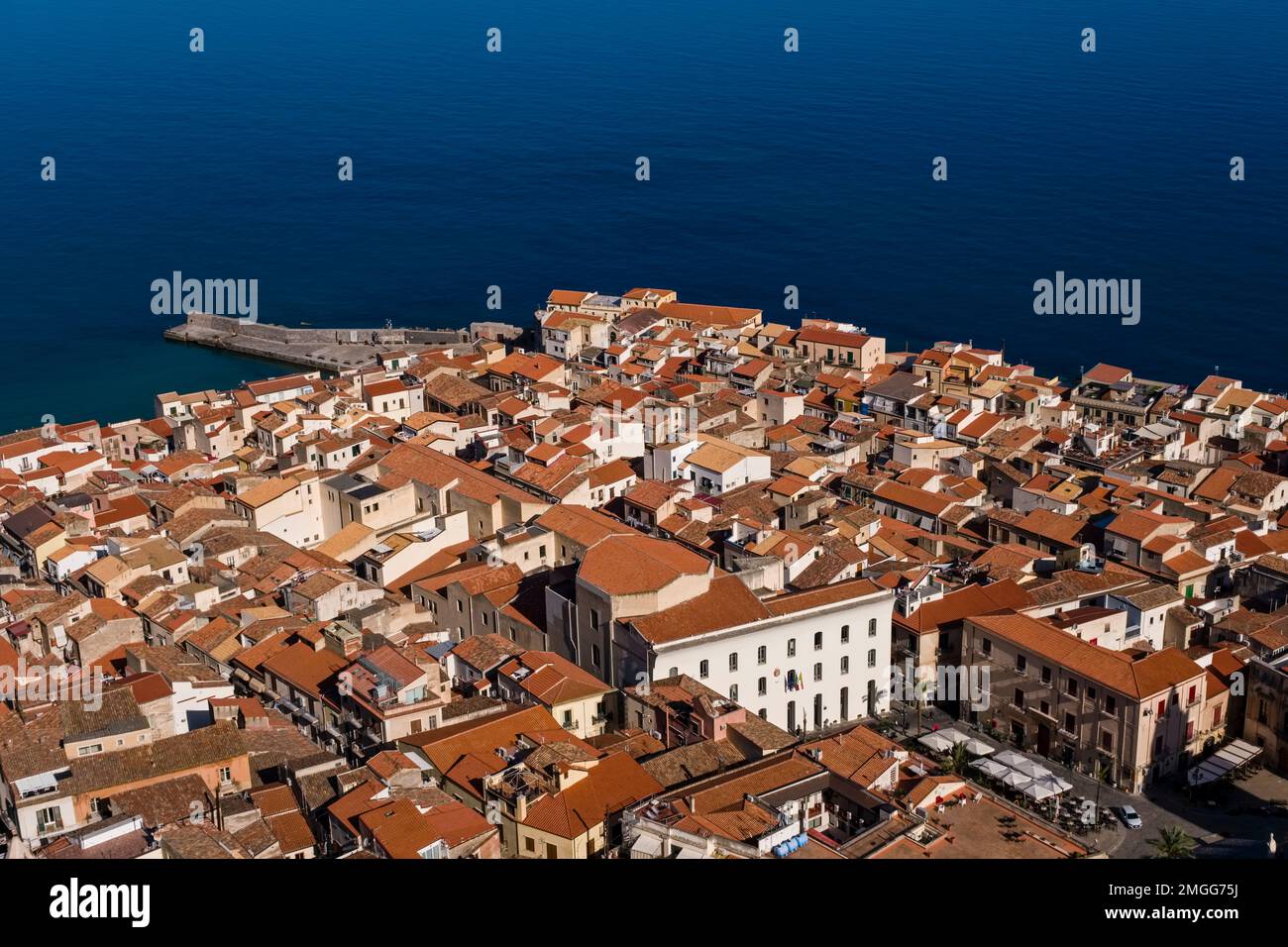 Aerial view of the center of the medieval town of Cefalu, located on ...